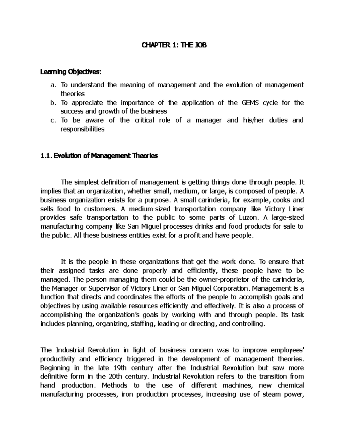 THE JOB - This is a lecture notes for business management. - CHAPTER 1 ...