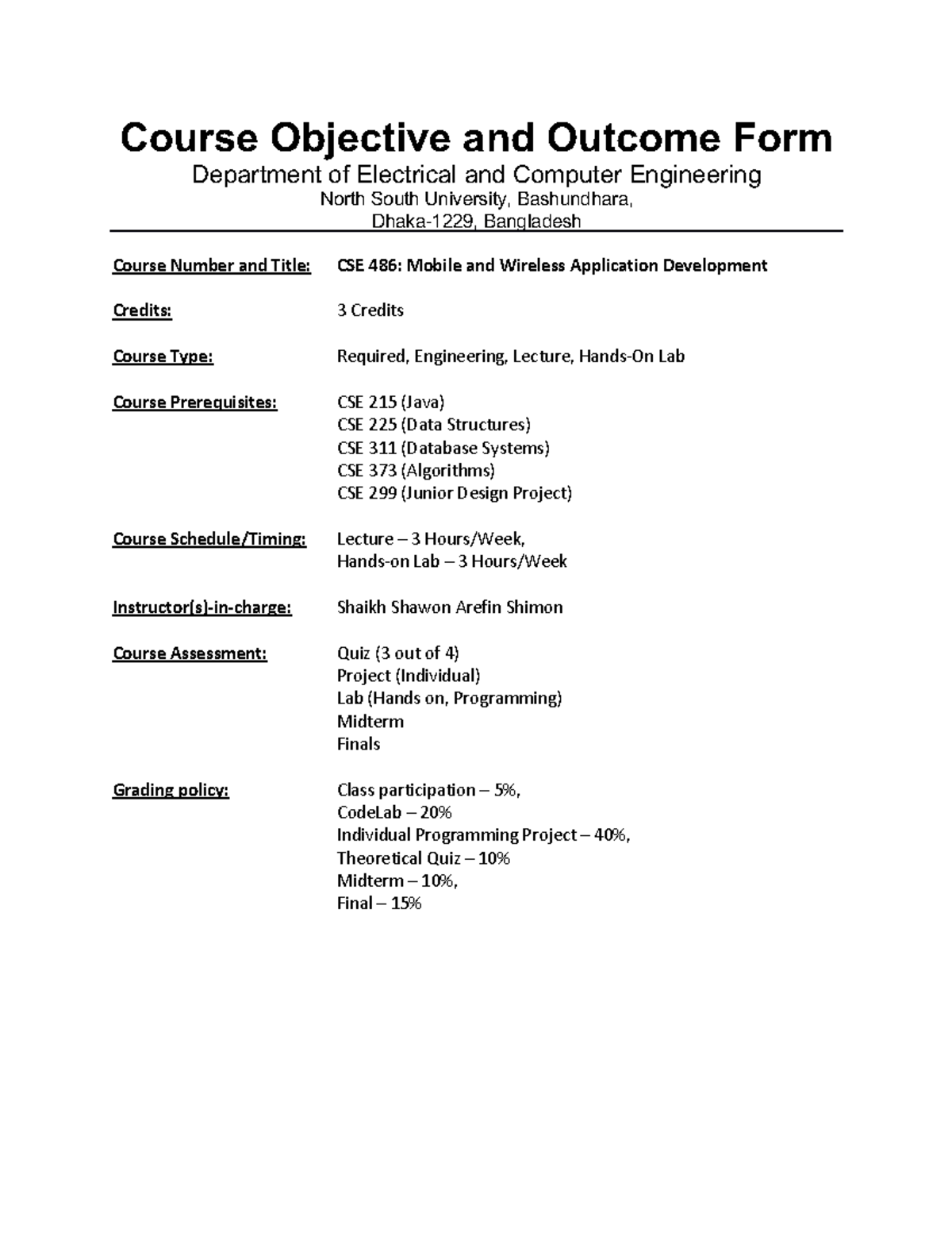 CSE 486 Planning - Course Objective and Outcome Form Department of ...