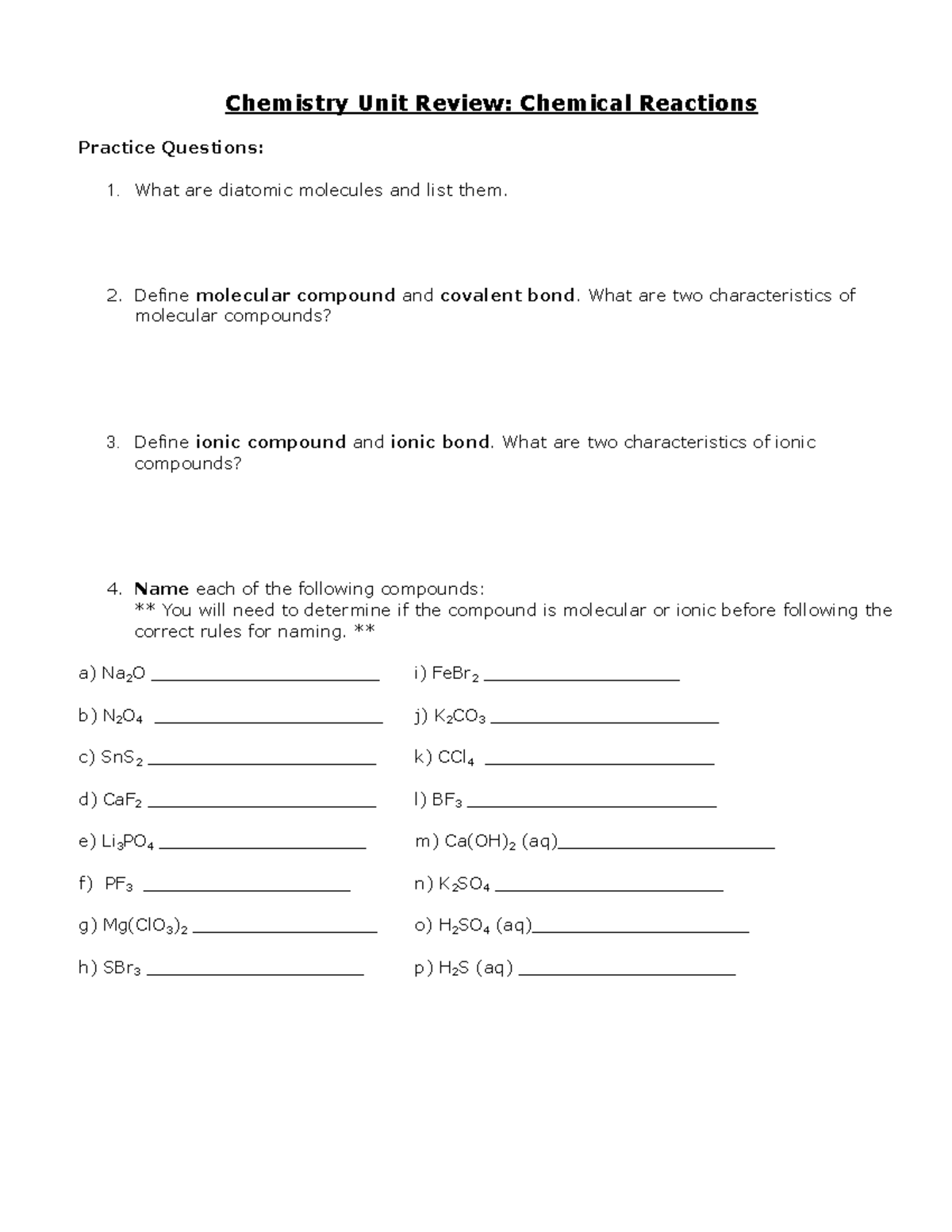 Chemistry Unit Review - What are diatomic molecules and list them ...