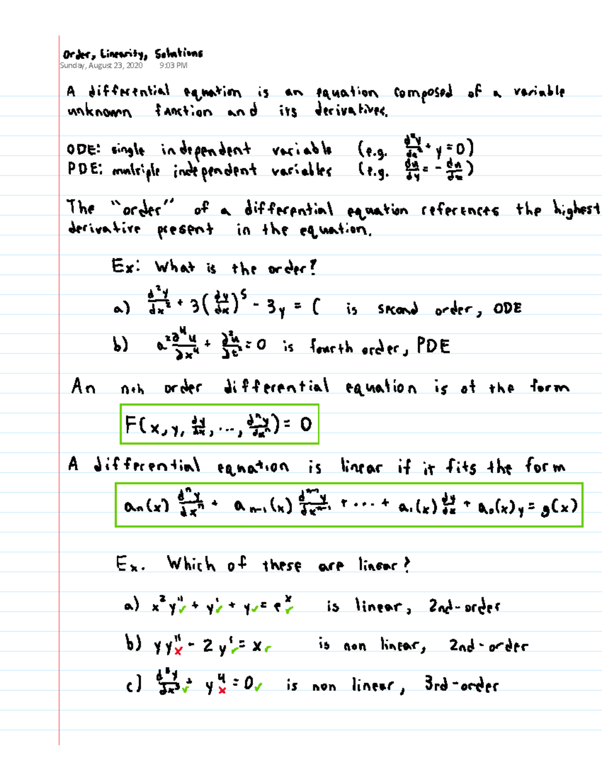 1 Order, Linearity, and Solutions - Math 353 - Sunday, August 23, 2020 ...
