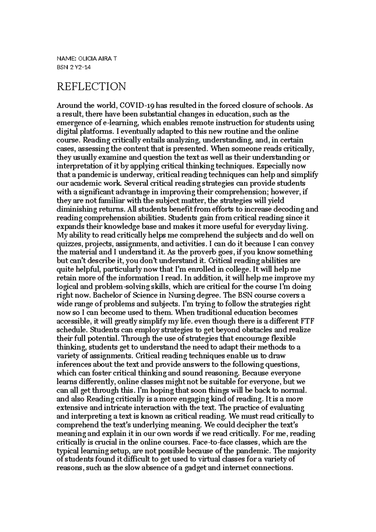 CRWT Reflction - REFLECTION - NAME: OLICIA AIRA T BSN 2 Y2- REFLECTION ...