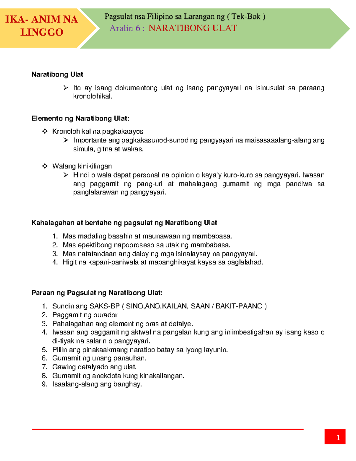 6 Modyul para sa Ika-anim na Linggo - 1 Naratibong Ulat Ito ay isang ...