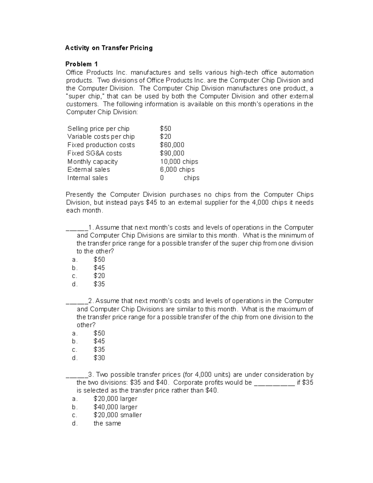 Activity on Transfer Pricing - Activity on Transfer Pricing Problem 1 ...