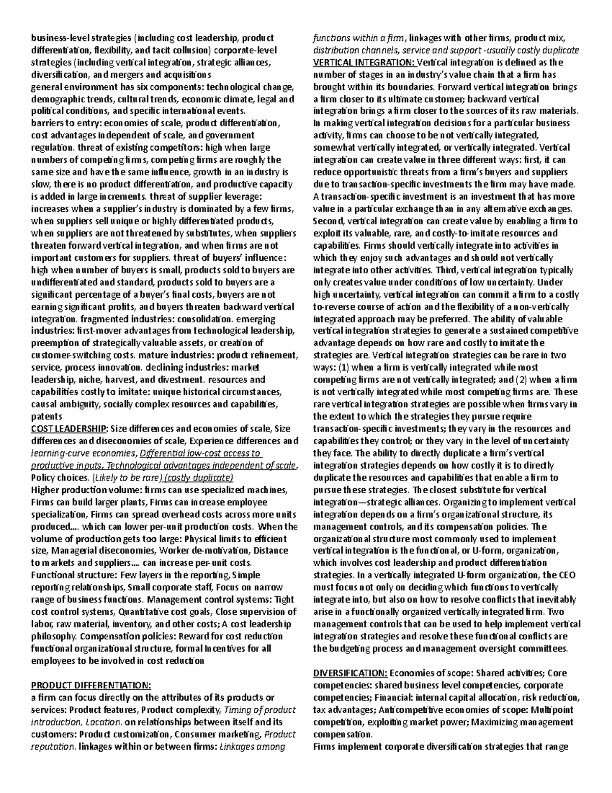 Strat cheat sheat - business-level strategies (including cost ...