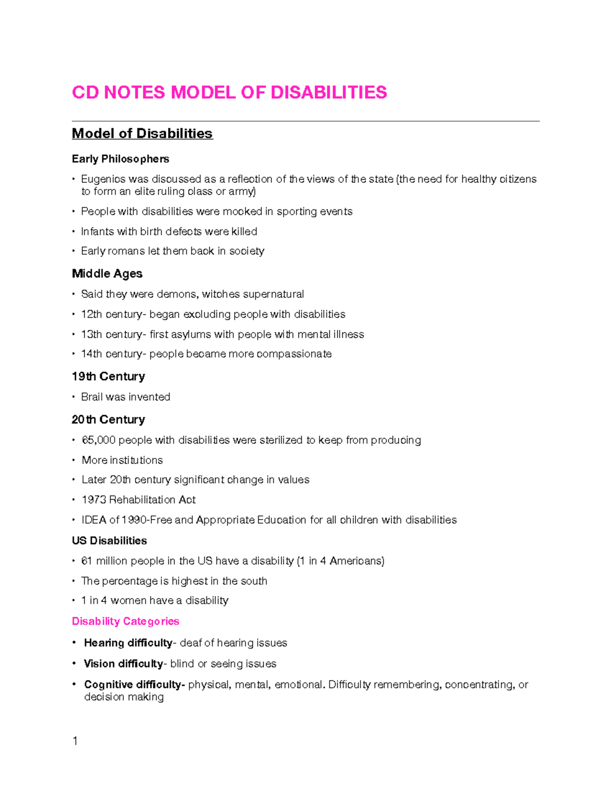 Model of Disabilites - Notes - CD NOTES MODEL OF DISABILITIES Model of ...