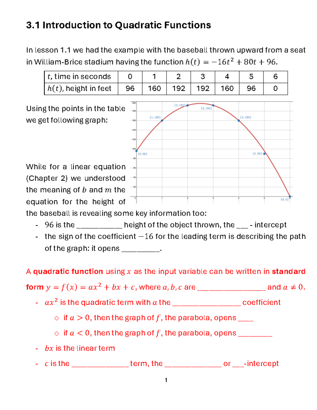 3.1 3.2 Notes - 3 Introduction to Quadratic Functions In lesson 1 we ...