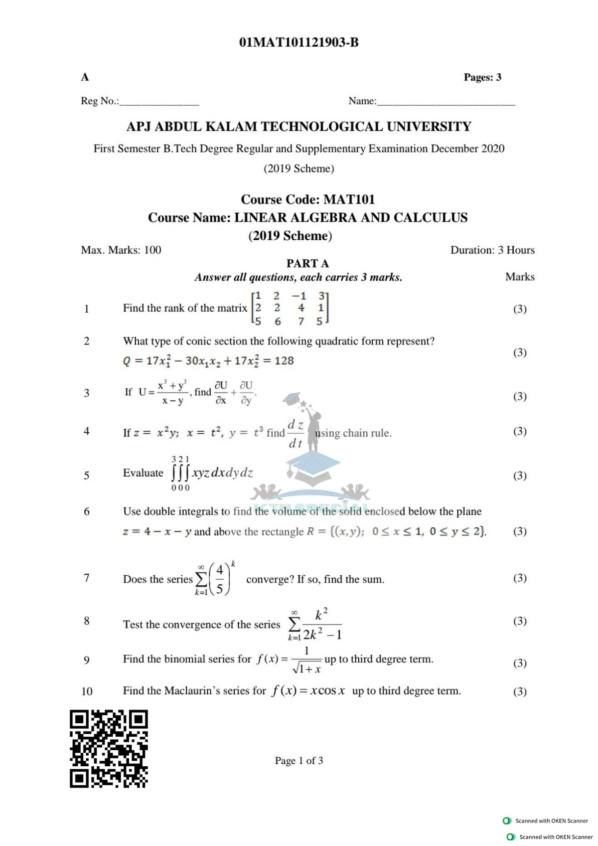 Maths PRVS Q Paper S1 2020 DEC B - Linear Algebra And Calculus - Studocu
