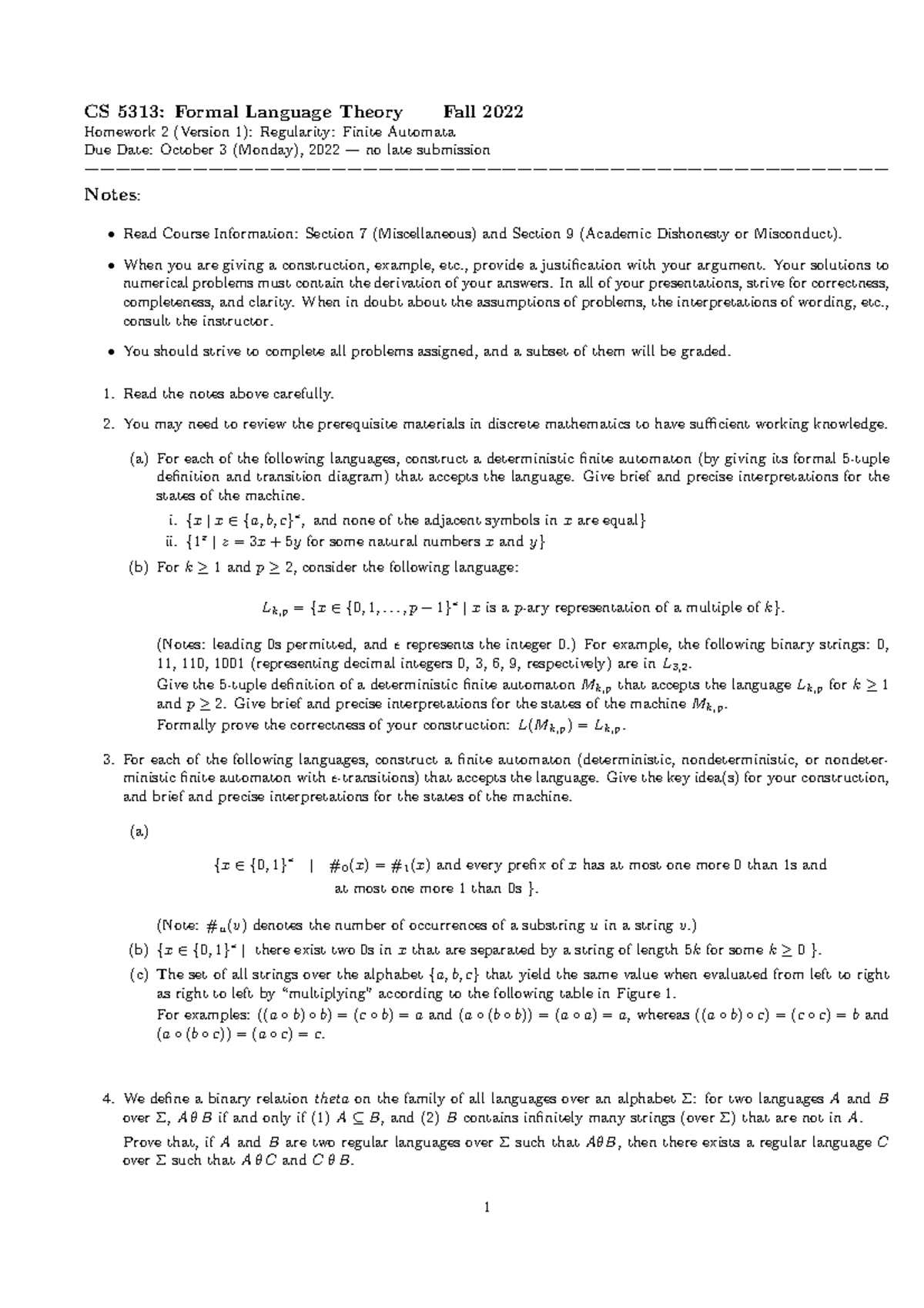 Hw2 1 - Homework questions - CS 5313: Formal Language Theory Fall 2022 Homework 2 (Version 1 ...