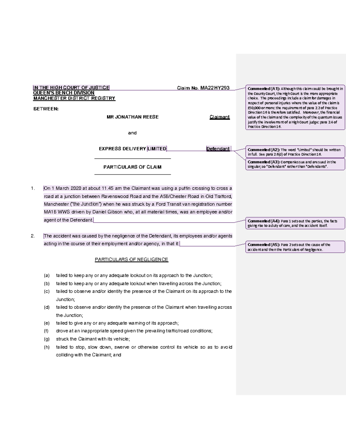 W2 Reese Particulars of Claim - Annotated - IN THE HIGH COURT OF ...