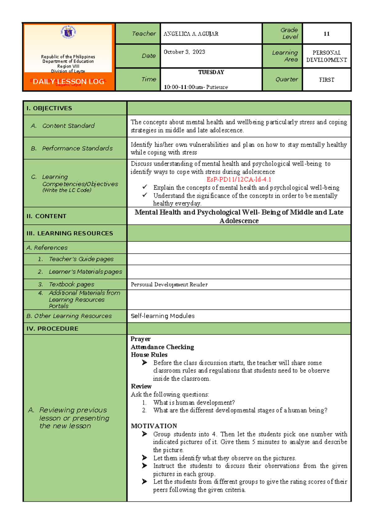 My lesson plan CO1 - Teacher ANGELICA A. AGUJAR Grade Level 11 Date ...