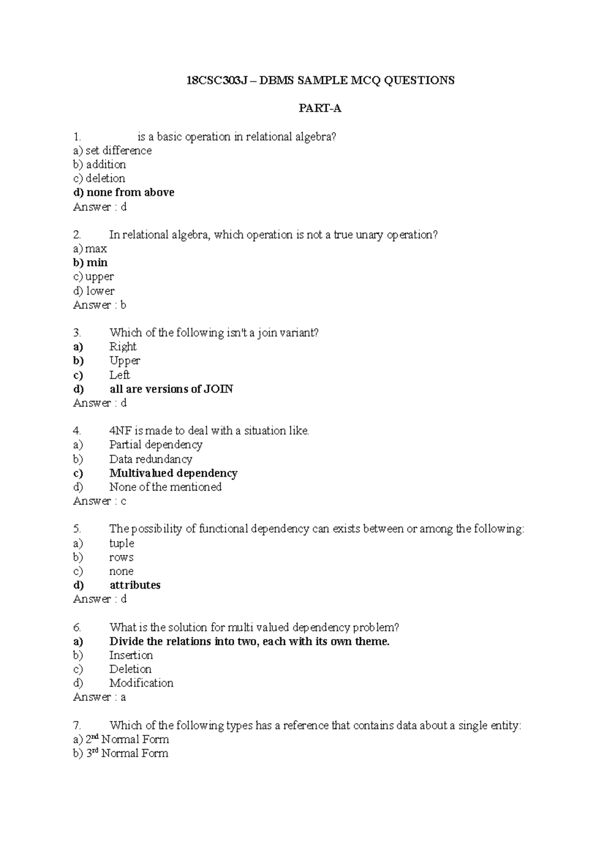 18CSC303J DBMS Sample MCQ - Introduction To Database Management System - Studocu