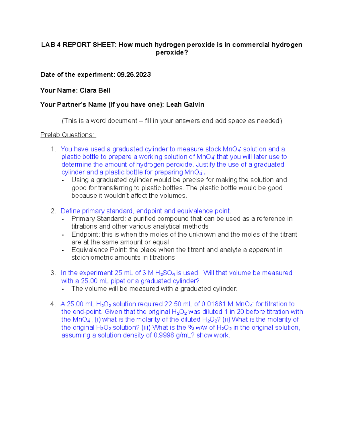 Lab 4 - how much hydrogen peroxide is in commercial hydrogen peroxide ...