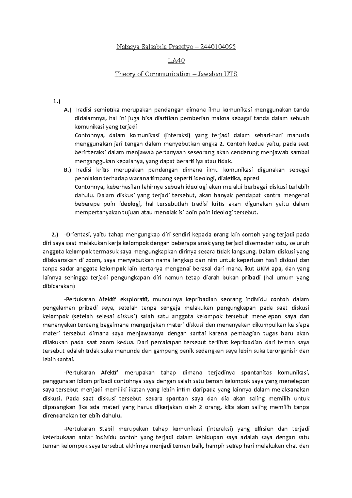 UTS 2 - Teori Komunikasi - Final - Natasya Salsabila Prasetyo – 2440104095 LA Theory of - Studocu