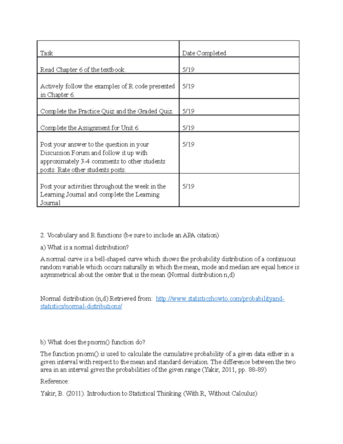 Week 6 Learning Journal Unit 6 Intro to Stats - Task Date Completed ...