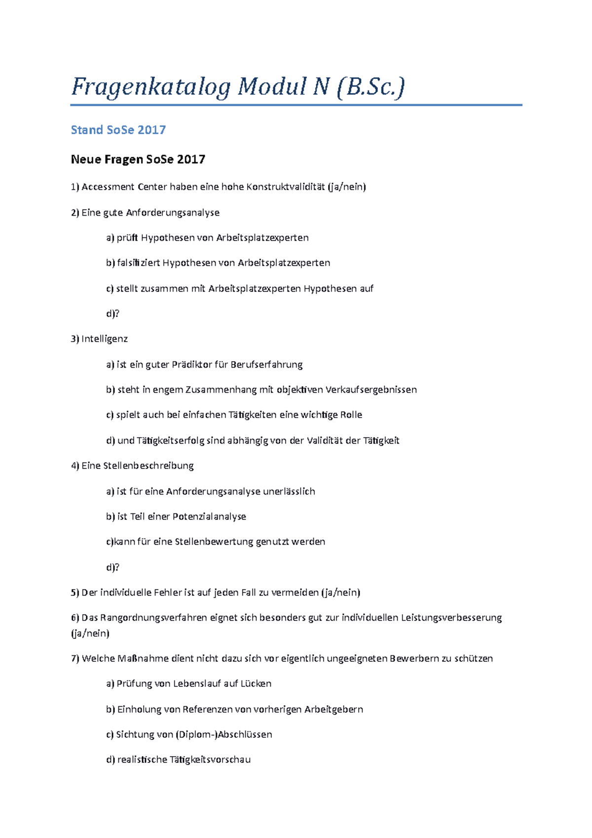 Klausur Winter 2016/2017, Fragen und Antworten - Fragenkatalog Modul N (B.) Stand SoSe 2017 Neue ...