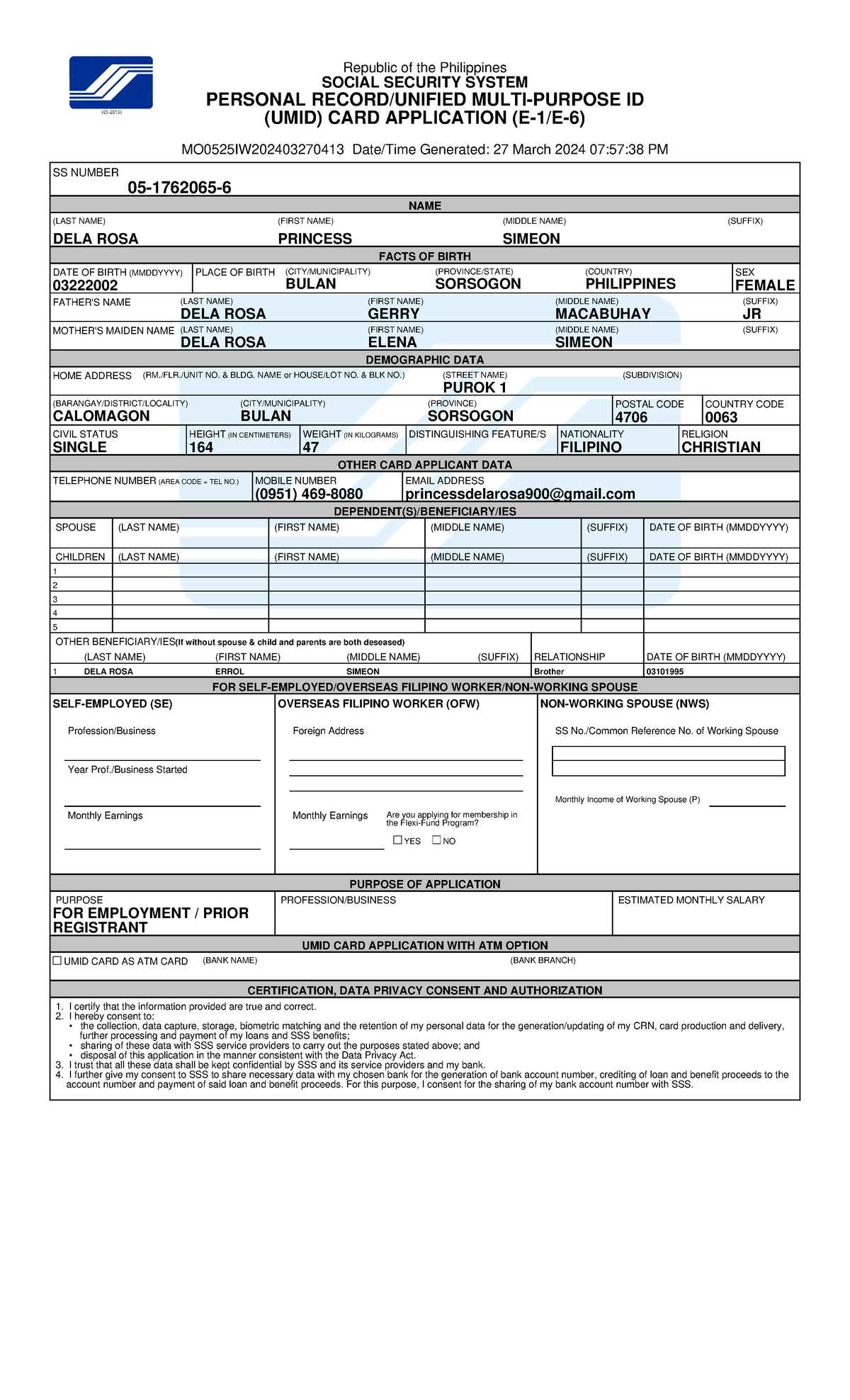 Personal Record Umidcard Form DELA ROSA, Princess Simeon - Republic of ...