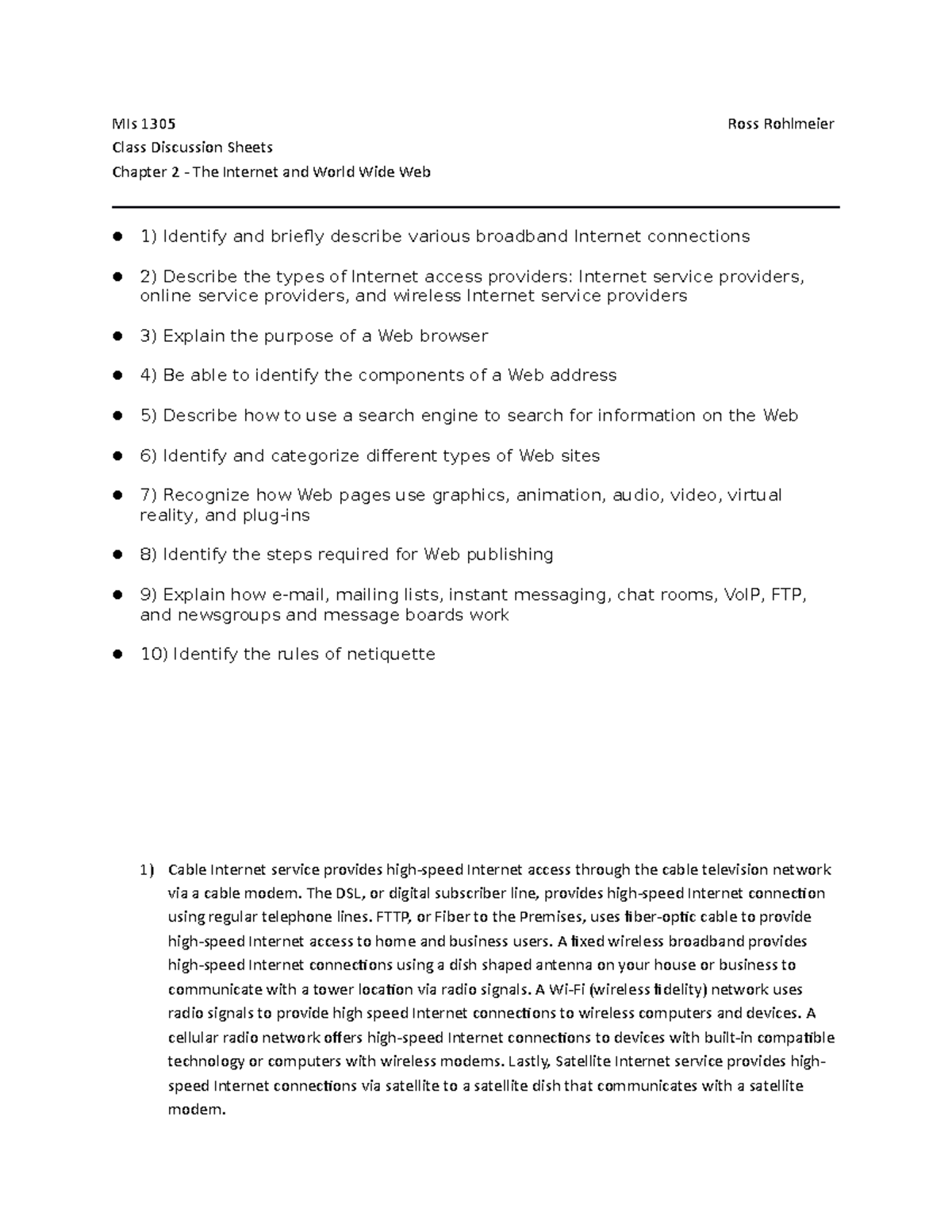 MIS CH2 HW - Dr. Bennett's hw assignement. This is the second of 4 required. - MIs 1305 Class ...