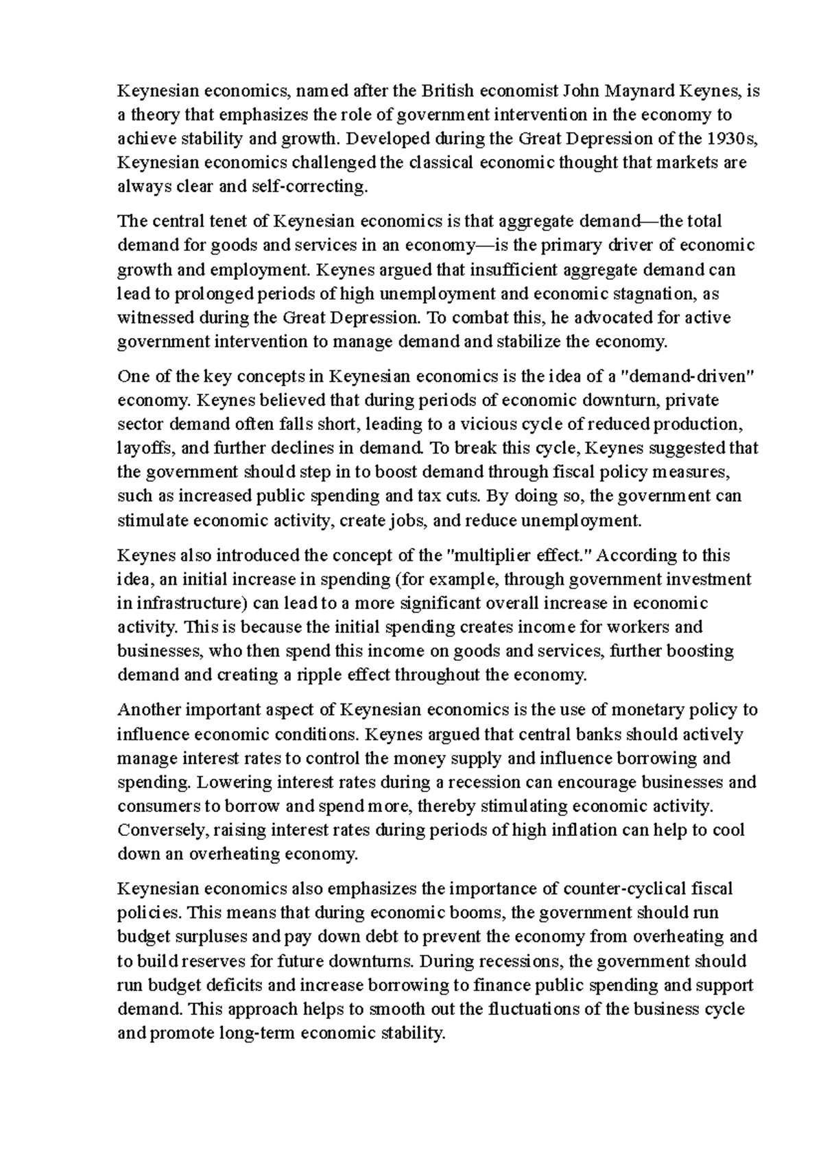 Key Econ - Summary of Econ - Keynesian economics, named after the ...
