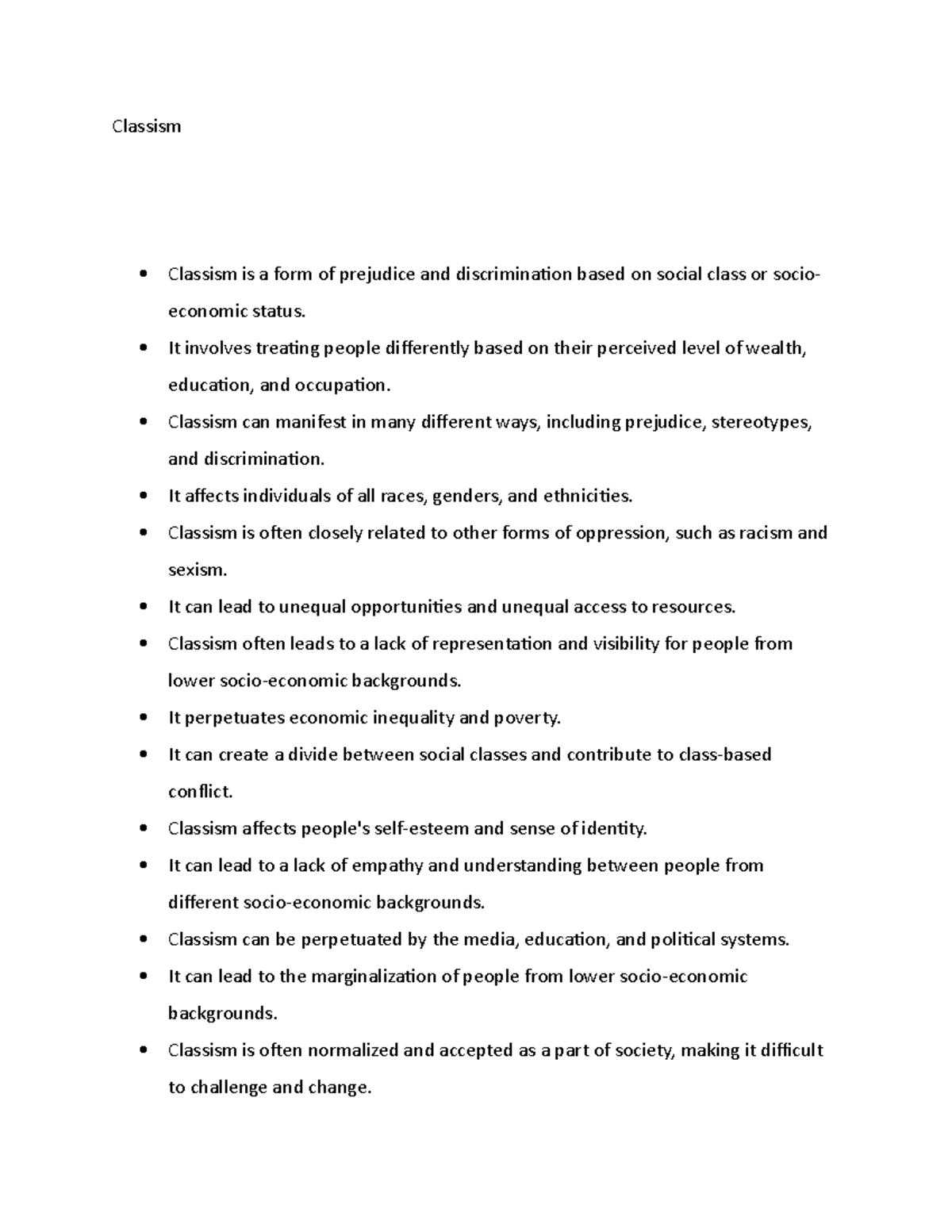 Classism discrimination notes - Classism Classism is a form of ...