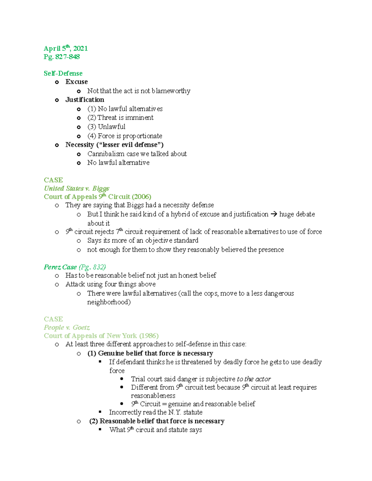 April Crim Law Class Notes - April 5th, 2021 Pg. 827- Self-Defense o ...