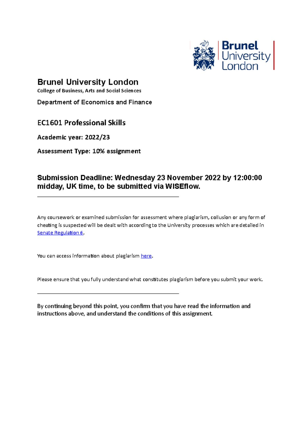 EC1601 Assignment 2 - Brunel University London College of Business, Arts and Social Sciences ...