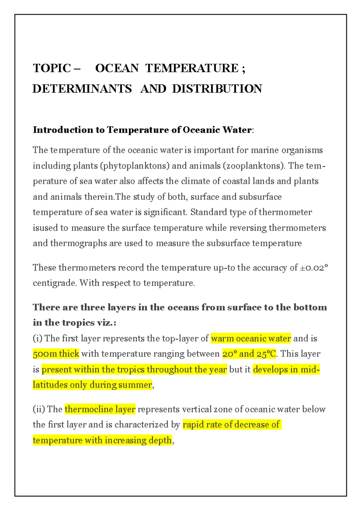 Oceanography Assignment - TOPIC – OCEAN TEMPERATURE ; DETERMINANTS AND ...