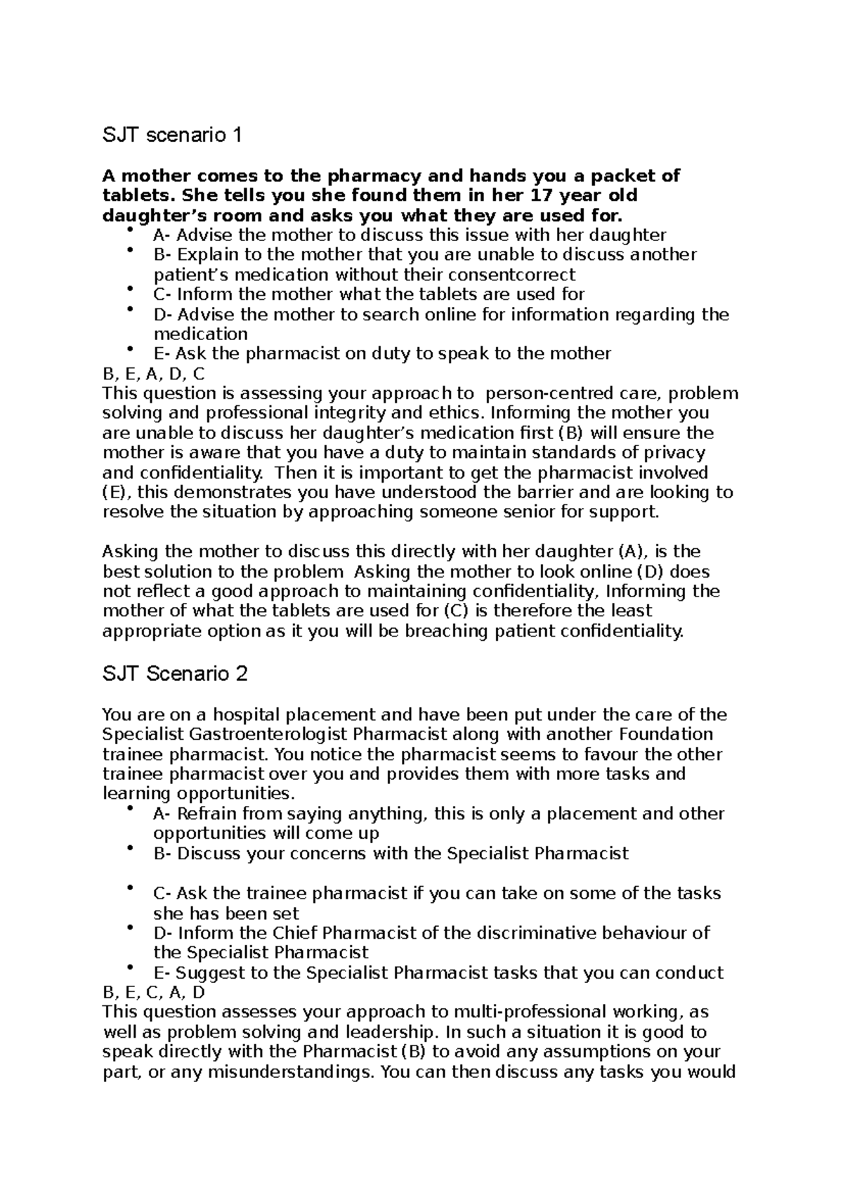 Oriel pharmacy SJT questions and answers - SJT scenario 1 A mother ...