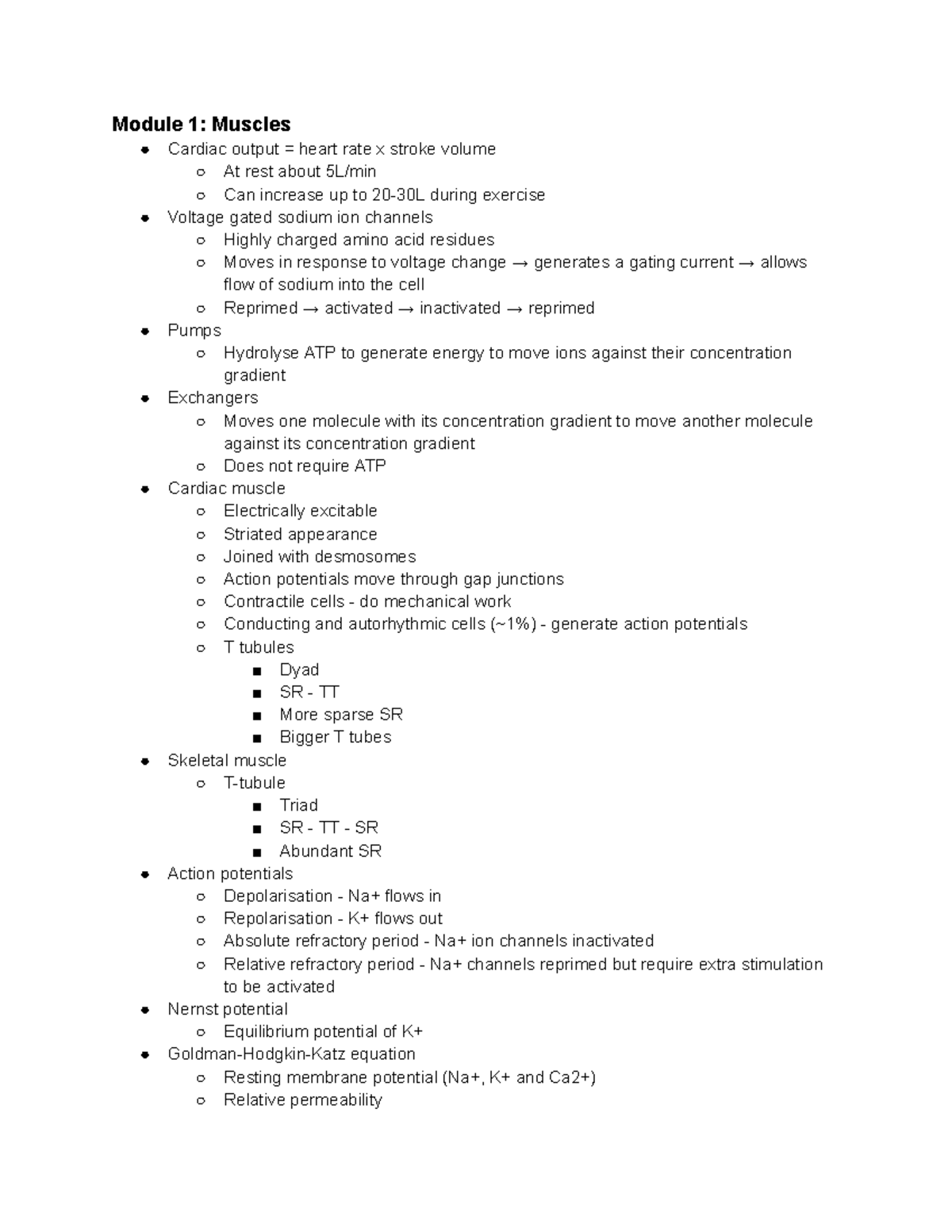 Study Outline - Module 1: Muscles Cardiac output = heart rate x stroke volume At rest about ...