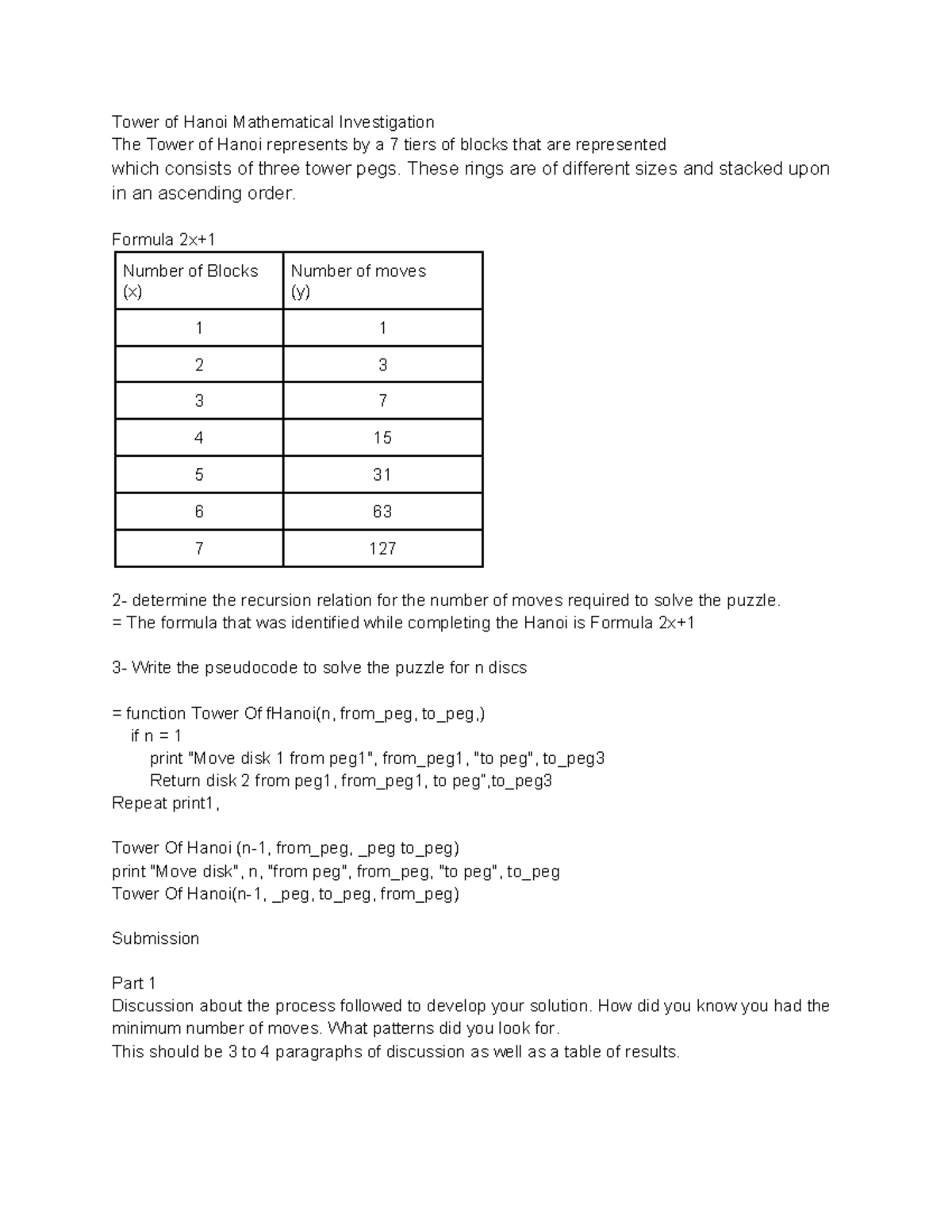 Assignment Tower of Hanoi - Tower of Hanoi Mathematical Investigation ...