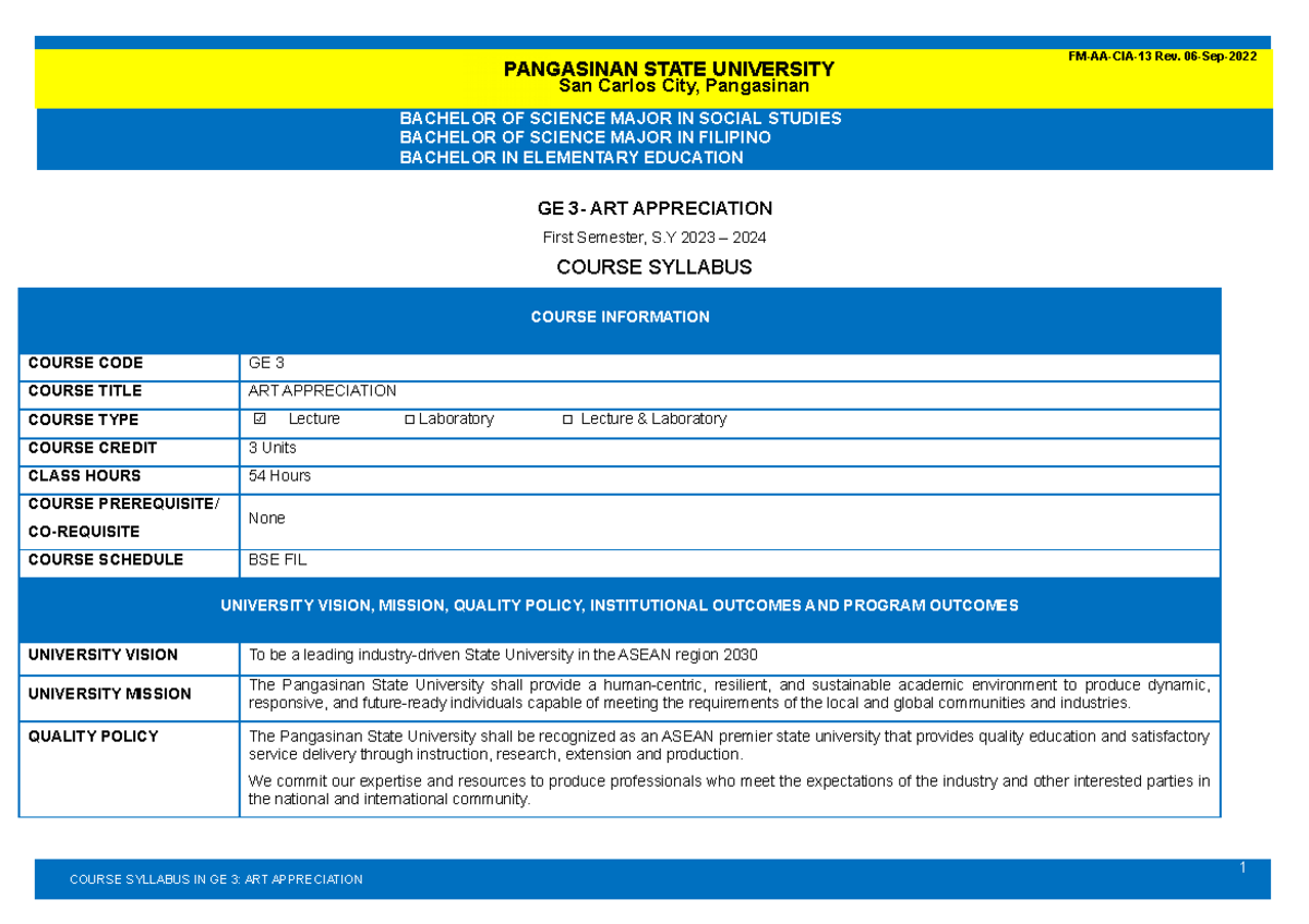 Syllabus GE-3 ART Appreciation - GE 3- ART APPRECIATION First Semester ...