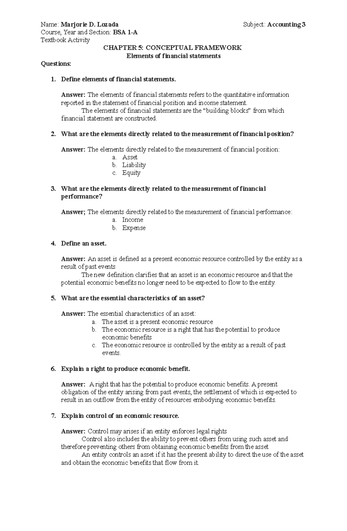 Chapter 5 - Name: Marjorie D. Lozada Subject: Accounting 3 Course, Year ...