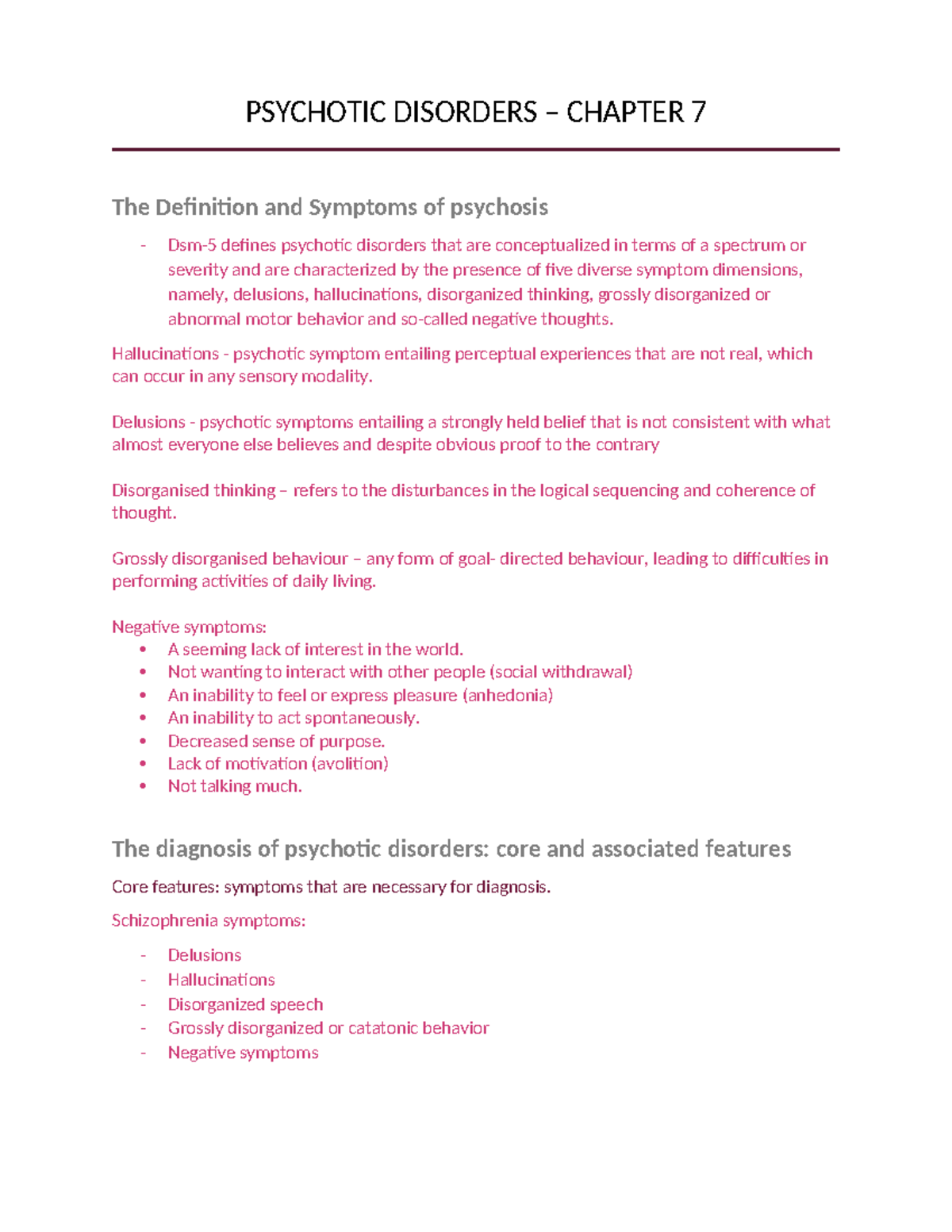 BEHV3002 - Texbook Notes - PSYCHOTIC DISORDERS – CHAPTER 7 The ...