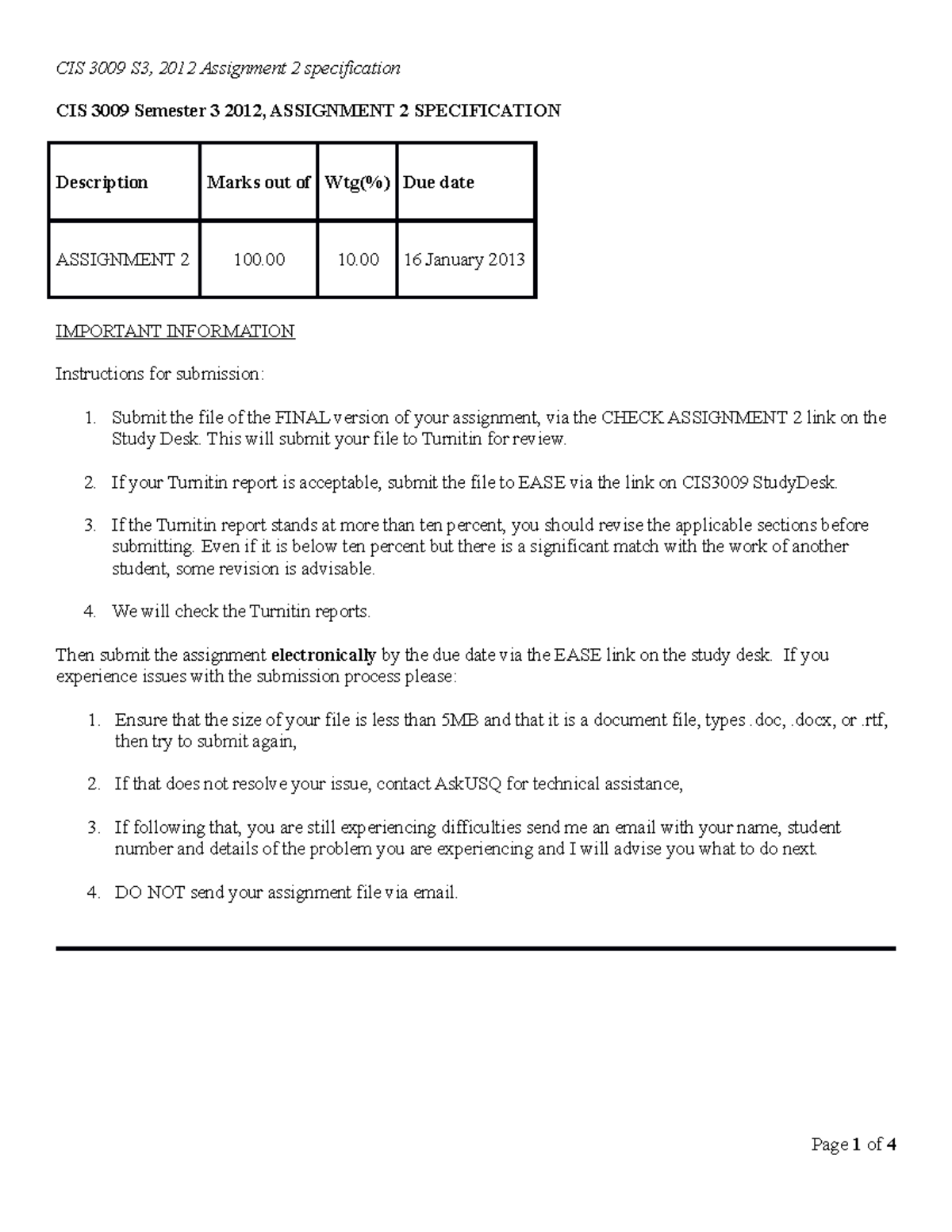 CIS3009 Assignment 2 2012 - CIS 3009 Semester 3 2012, ASSIGNMENT 2 SPECIFICATION Description ...
