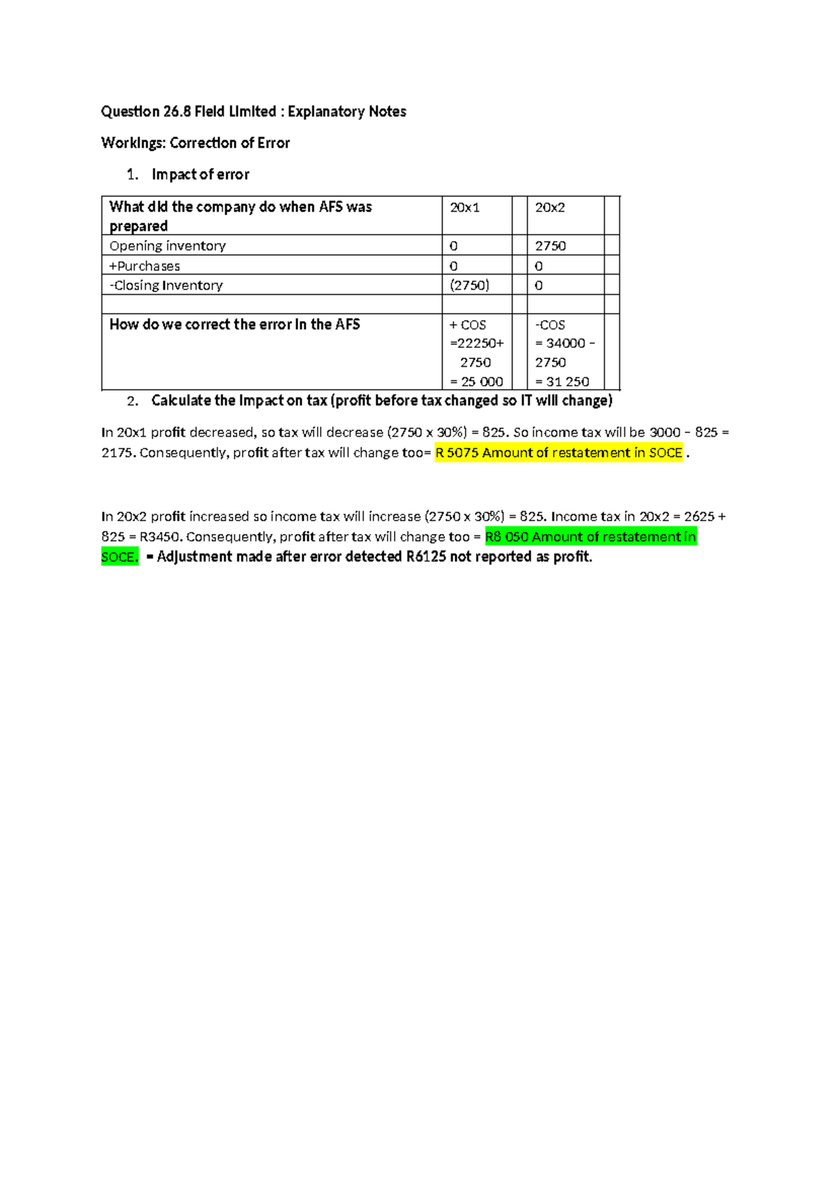Explanatory notes tut questions IAS 8 - Question 26 Field Limited ...