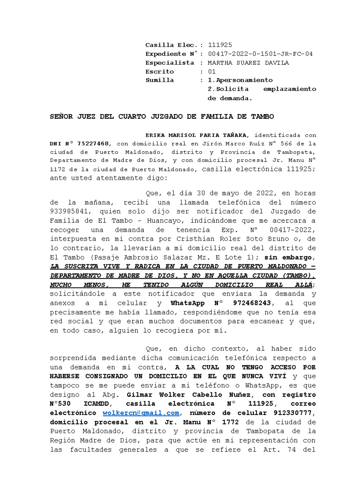 1. Apersonamiento - 3 1 MAY2022 - Casilla Elec. : 111925 Expediente N ...