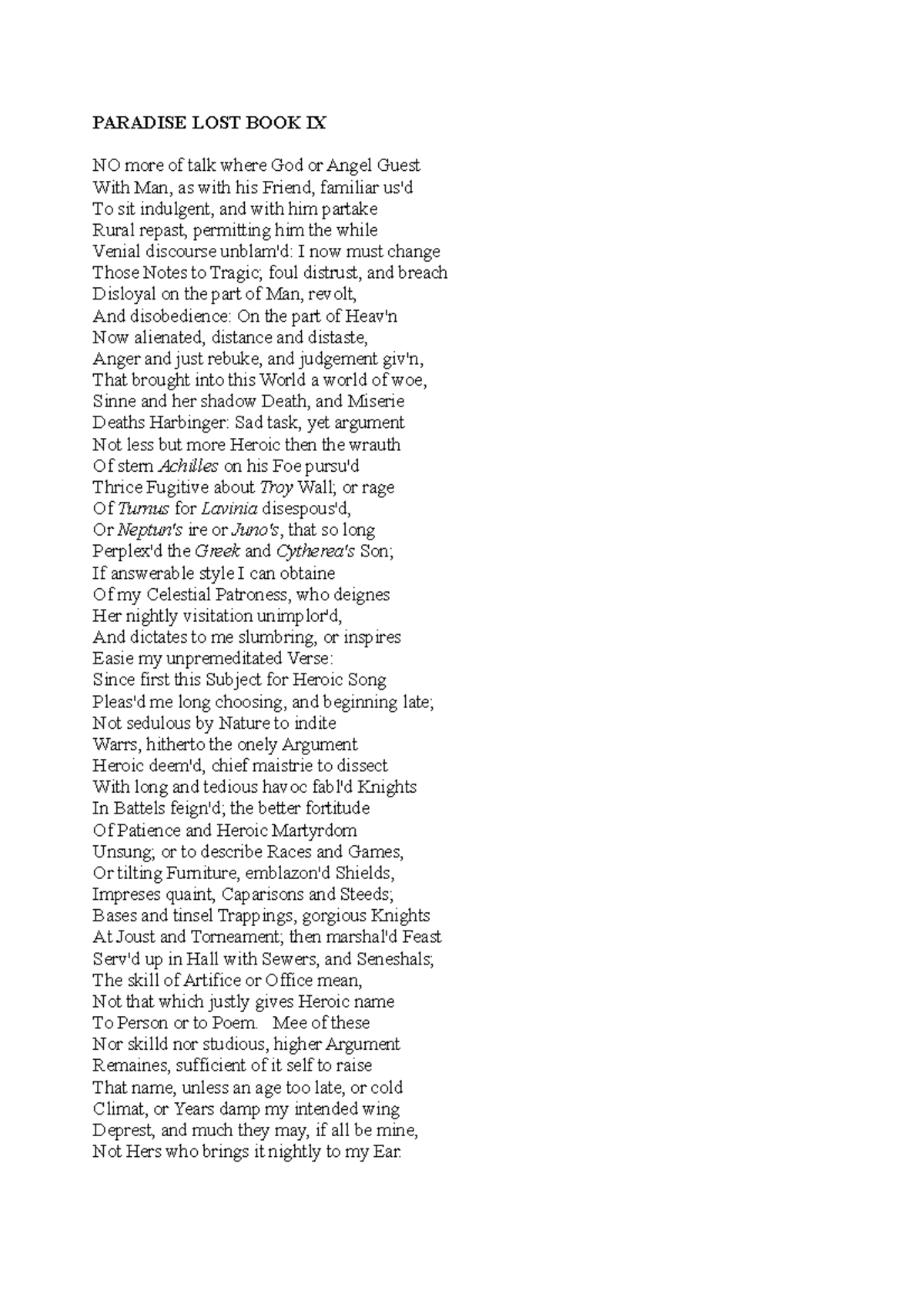 Paradise LOST BOOK IX - Text - PARADISE LOST BOOK IX NO more of talk ...