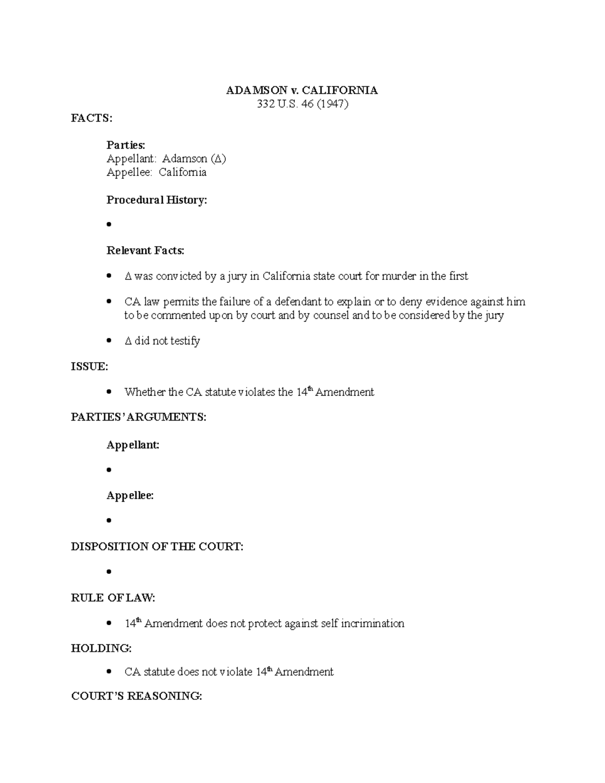 Adamson v. California CON LAW II 2020 - ADAMSON v. CALIFORNIA 332 U. 46 ...