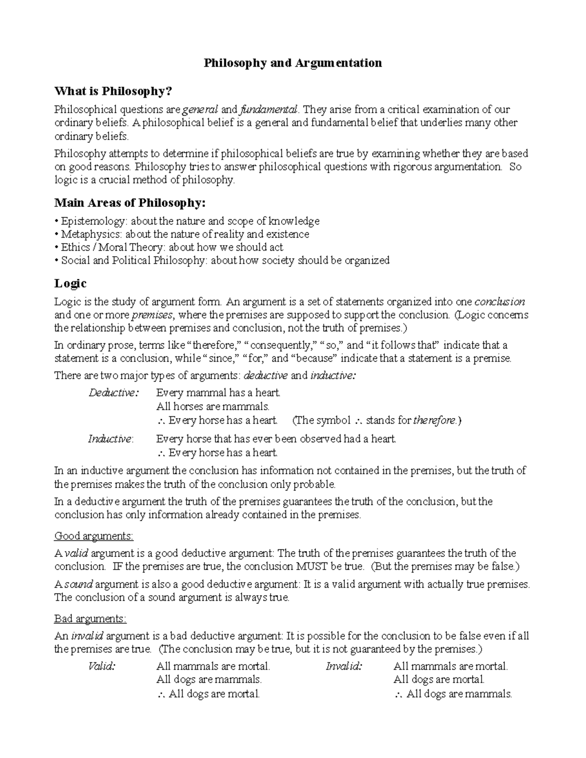 Handout; Philosophy and Argumentation - Philosophy and Argumentation ...