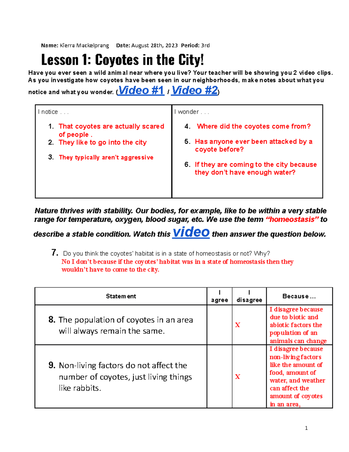 Lesson 1 Coyotes in the City - Name: Kierra Mackelprang Date: August ...