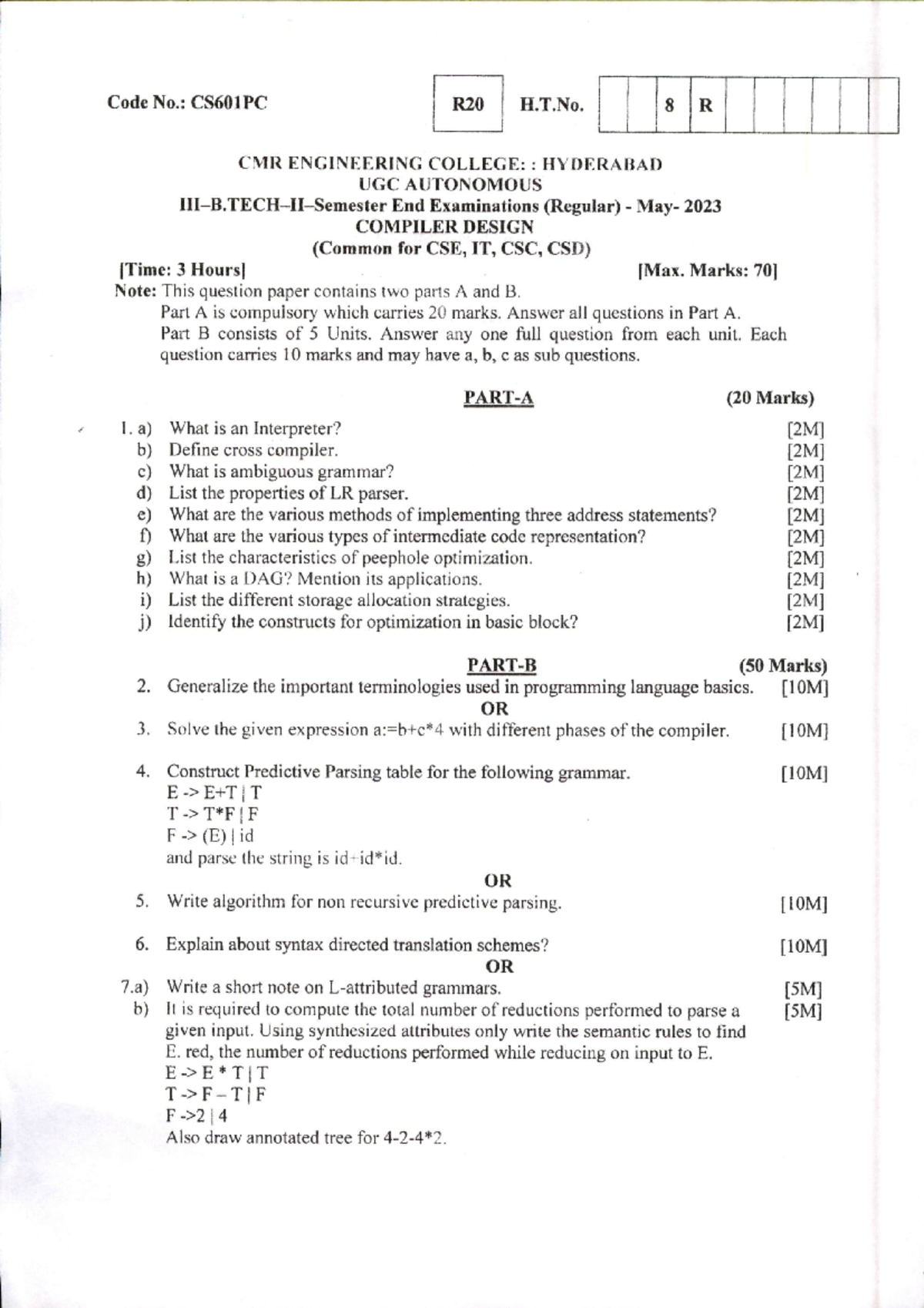Compiler Design MAY-2023 - Code No.: CS601PC R20 H.T. 8 CMR ENGINEERING ...