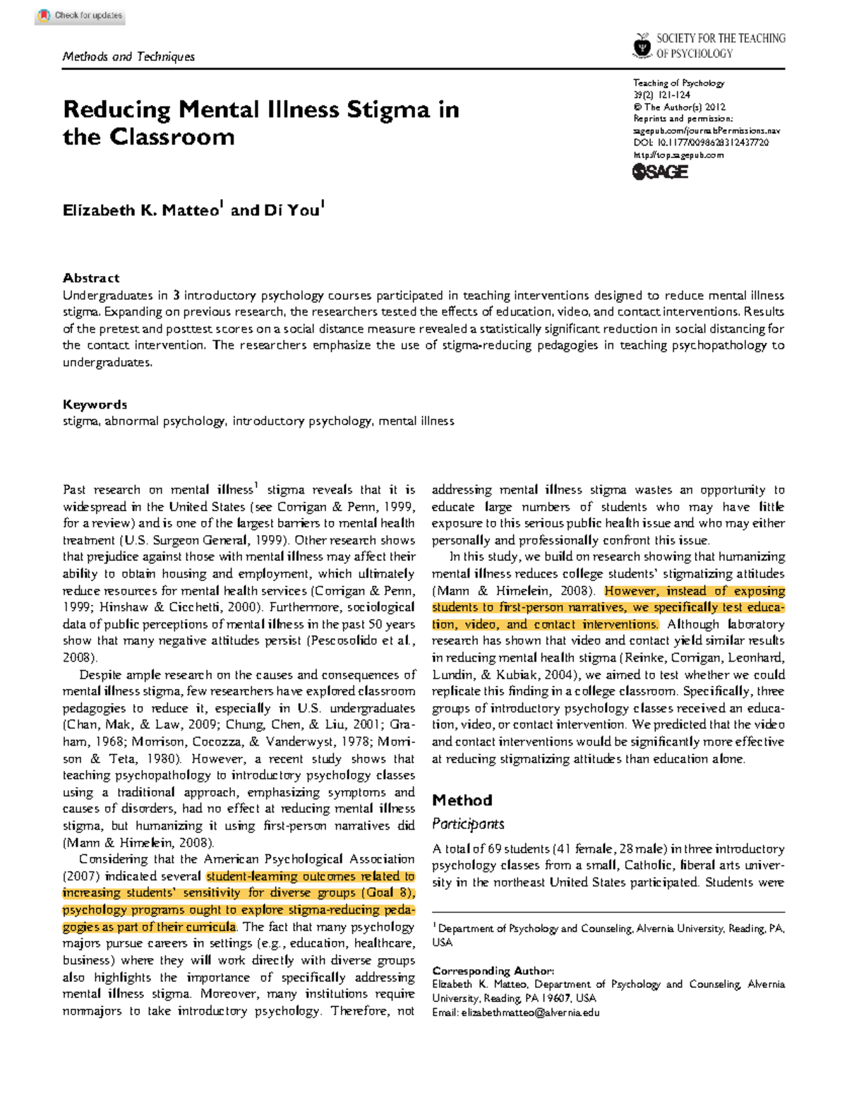 Matteo you 2012 reducing mental illness stigma in the classroom ...