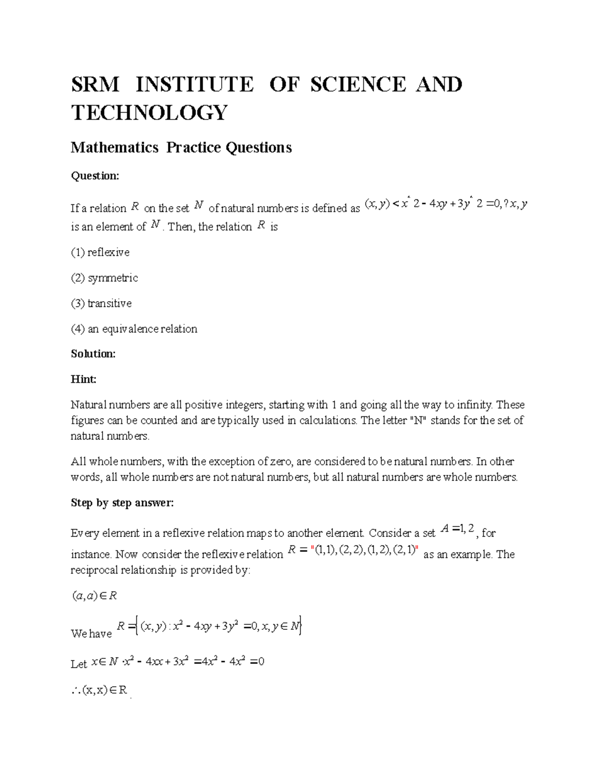 SRM Mathematics lesson 4 Question SET 1 - SRM INSTITUTE OF SCIENCE AND ...