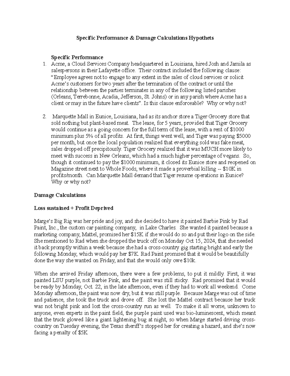 Specific Performance & Damages hypothets - Specific Performance ...