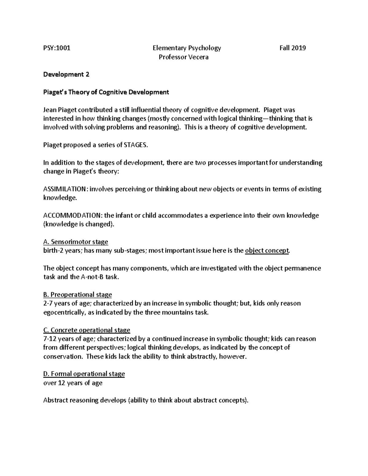 Development 2 - Vecera: Lecture Outline. - Warning: TT: undefined function: 32 PSY:1001 ...