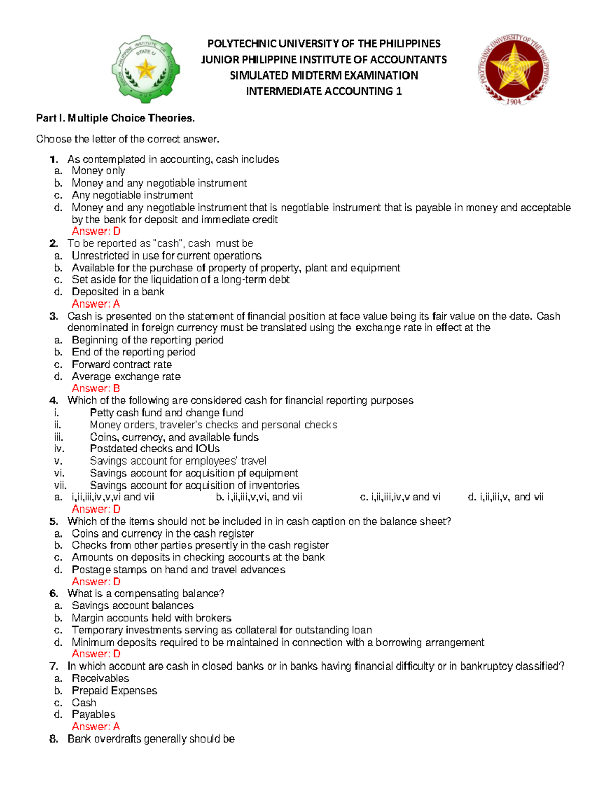 Answer Key - Intermediate Accounting - Warning: TT: undefined function: 32 JUNIOR PHILIPPINE ...