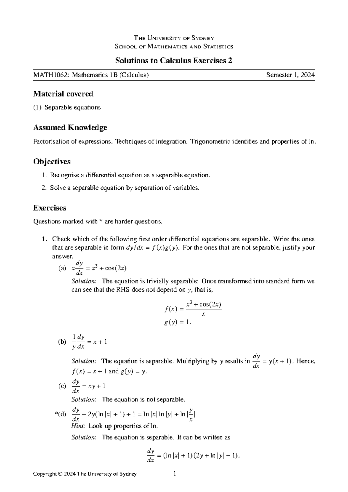 Solutions to calculus exercises 2 - The University of Sydney School of ...