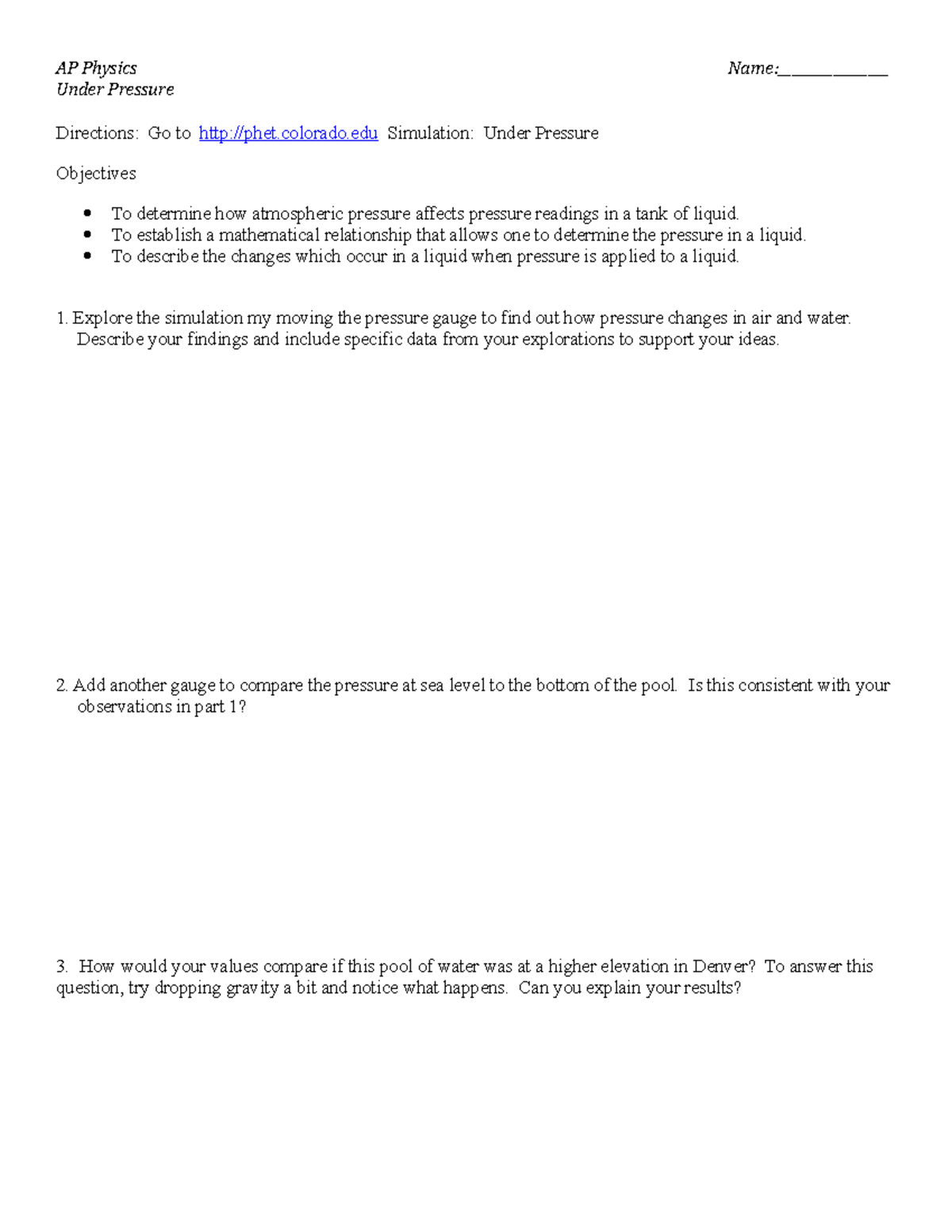 Pressure Phet Lab - Calculo - AP Physics Name:________________ Under ...