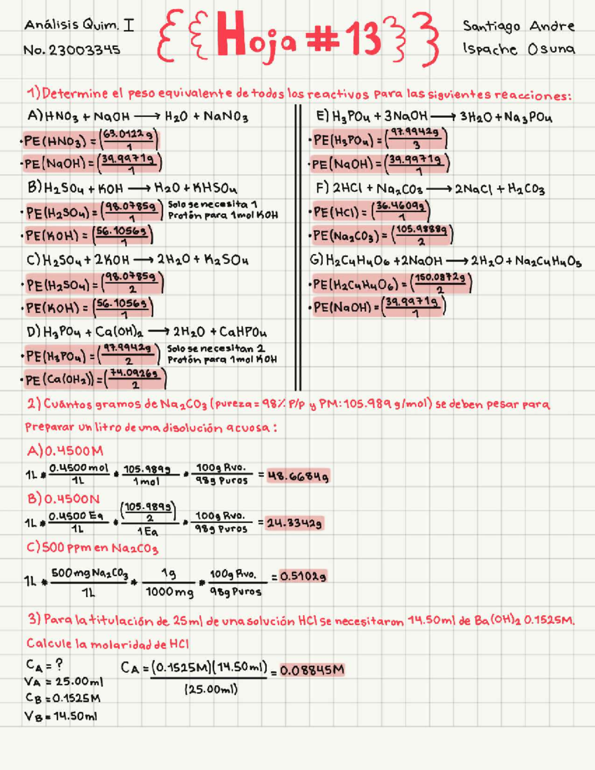 Hoja 13 Volumetría P1 - Tarea volumetria - Analisis Quim. I 13 3 Santiago Andre No. 23003345 ...