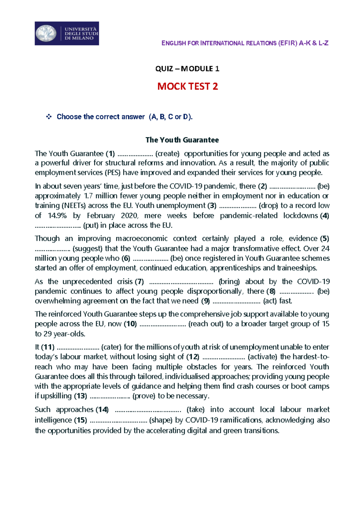 MOCK 1 (2) STU - Moca test - ENGLISH FOR INTERNATIONAL RELATIONS (EFIR ...