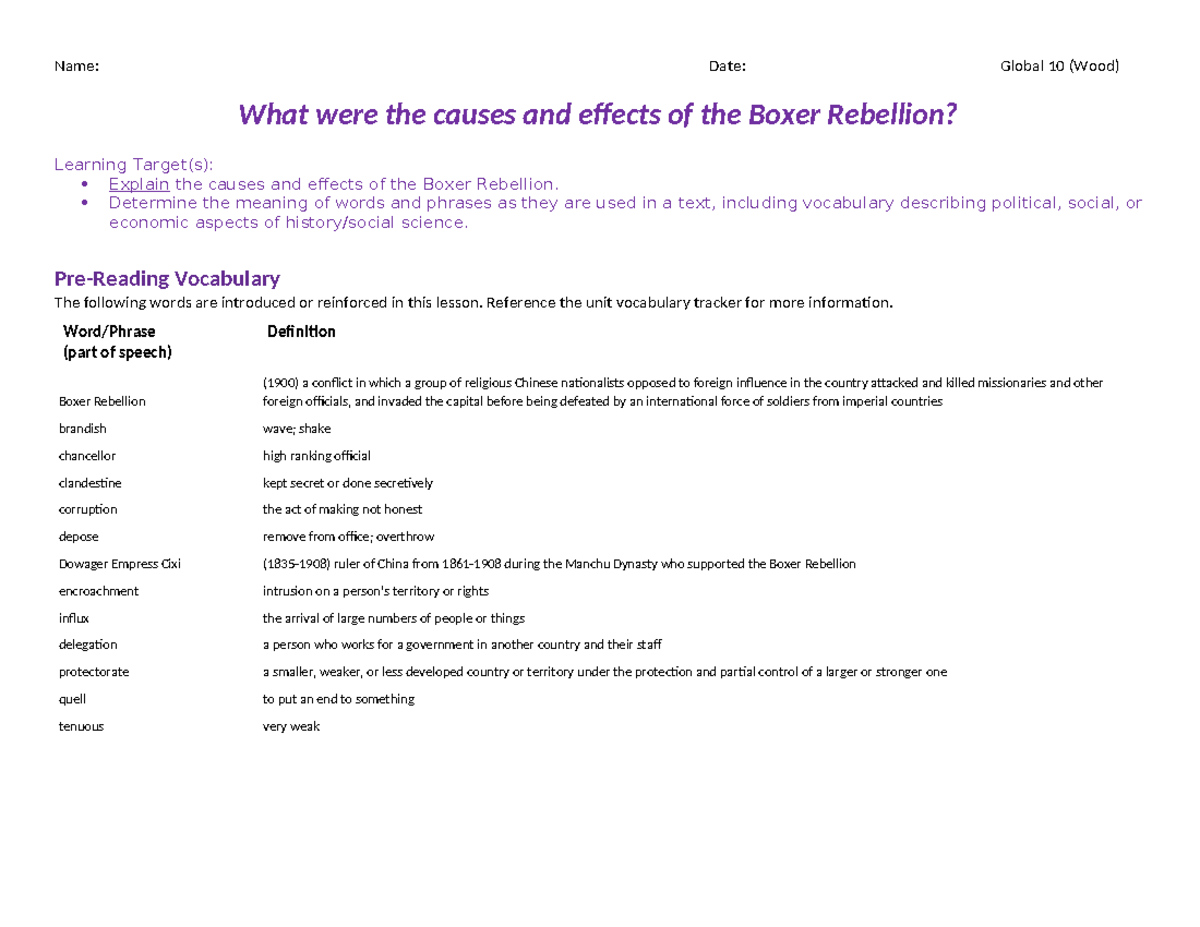 Boxer Rebellion WS - idk - Name: Date: Global 10 (Wood) What were the ...
